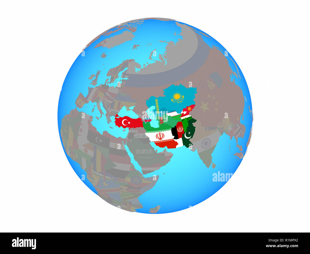 ECO member states with national flags on blue political globe. 3D ...