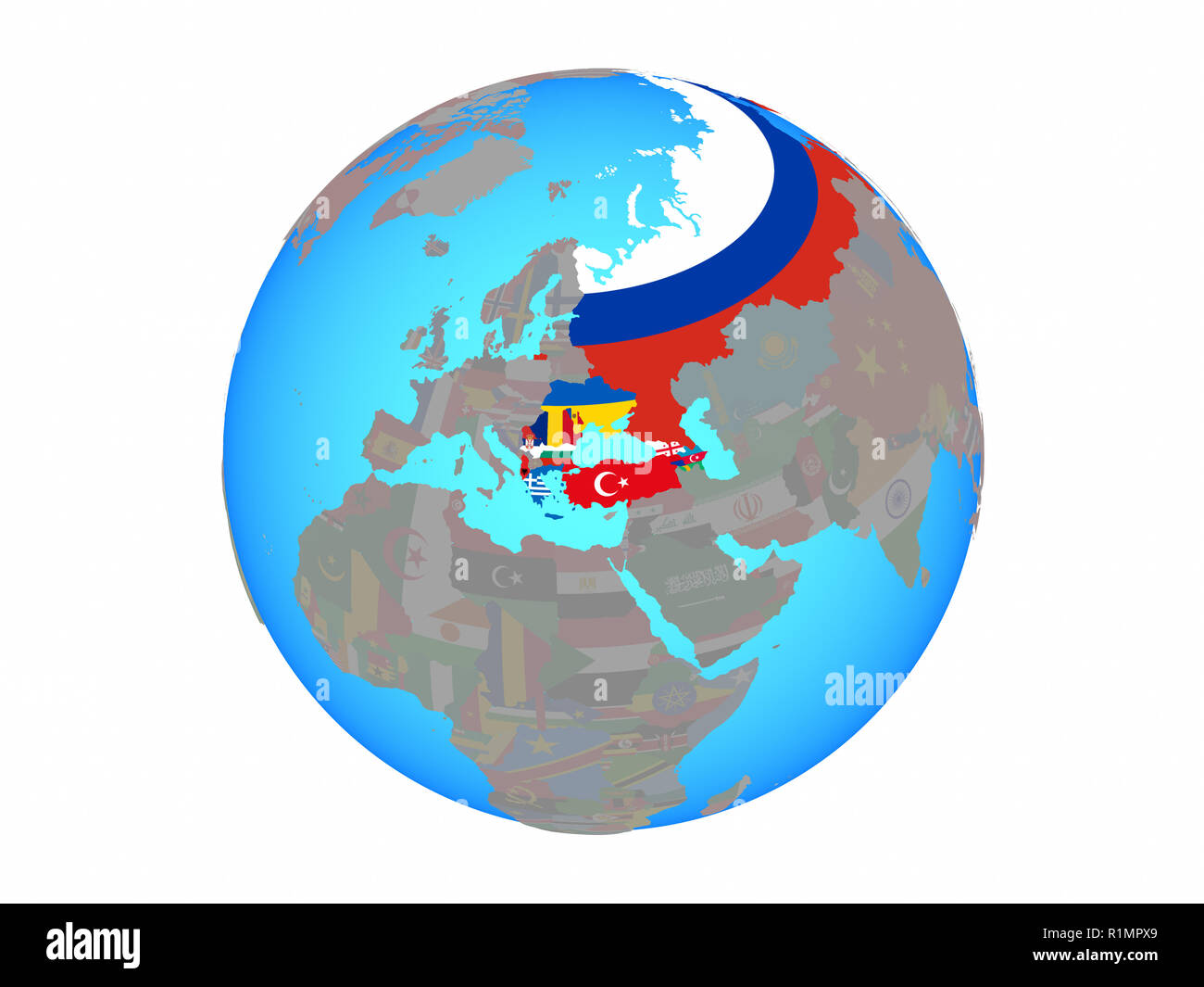 BSEC countries with national flags on blue political globe. 3D ...