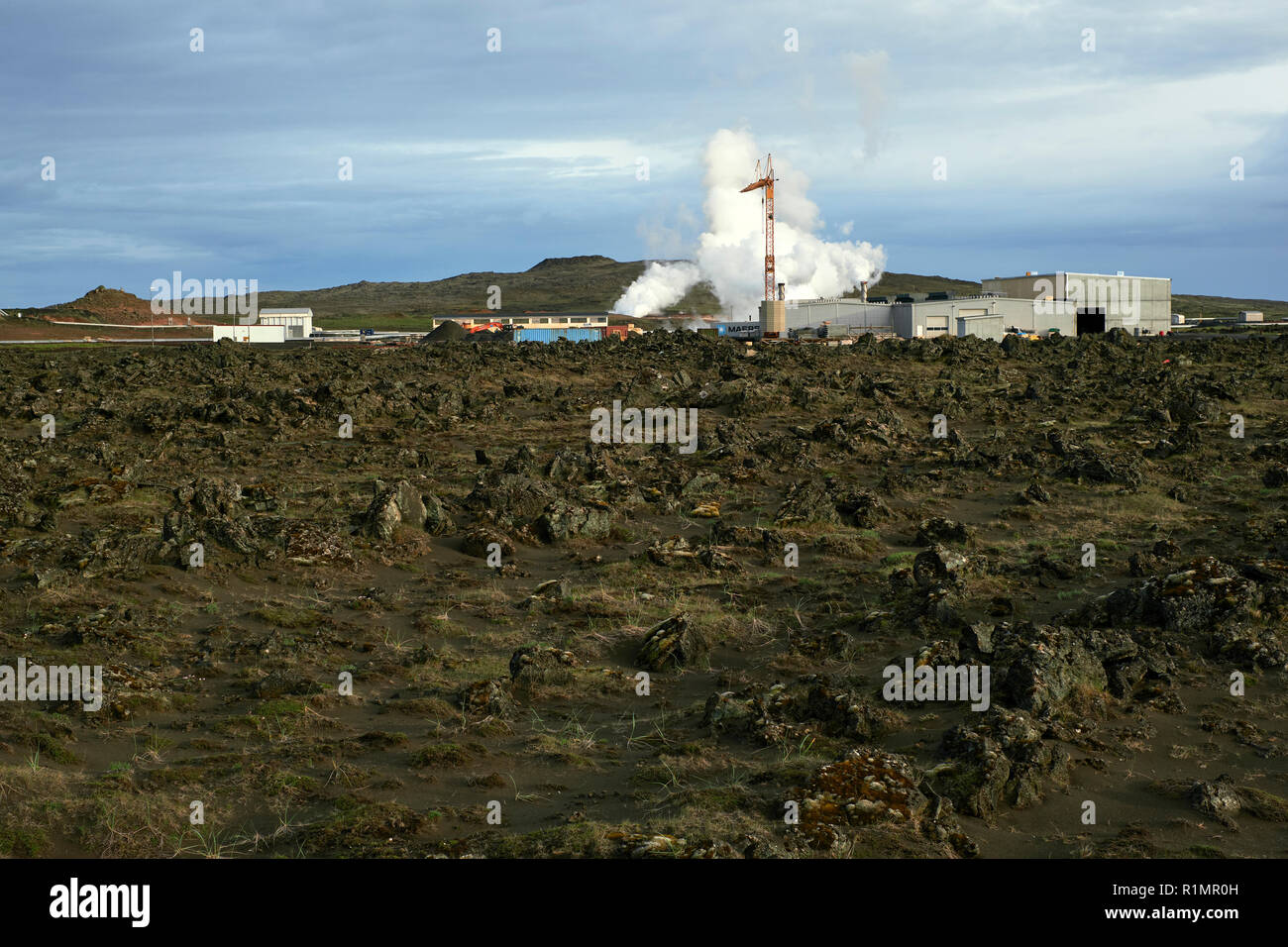 A geothermal power plant in the volcanic landscape of the Reykjanes ...