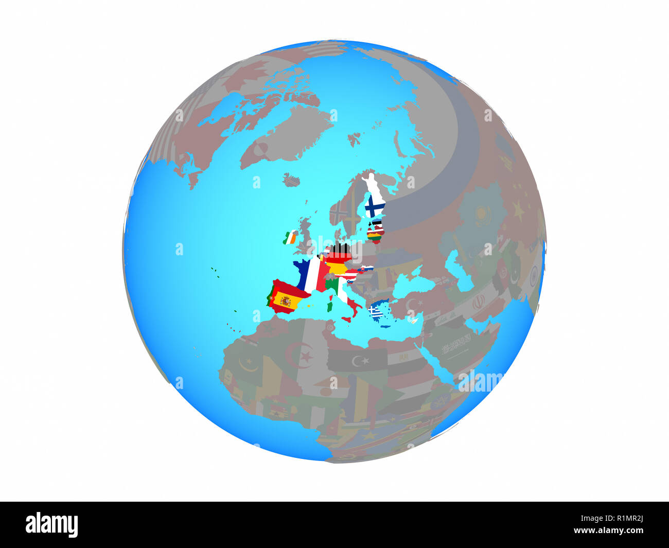 Eurozone member states with national flags on blue political globe. 3D ...