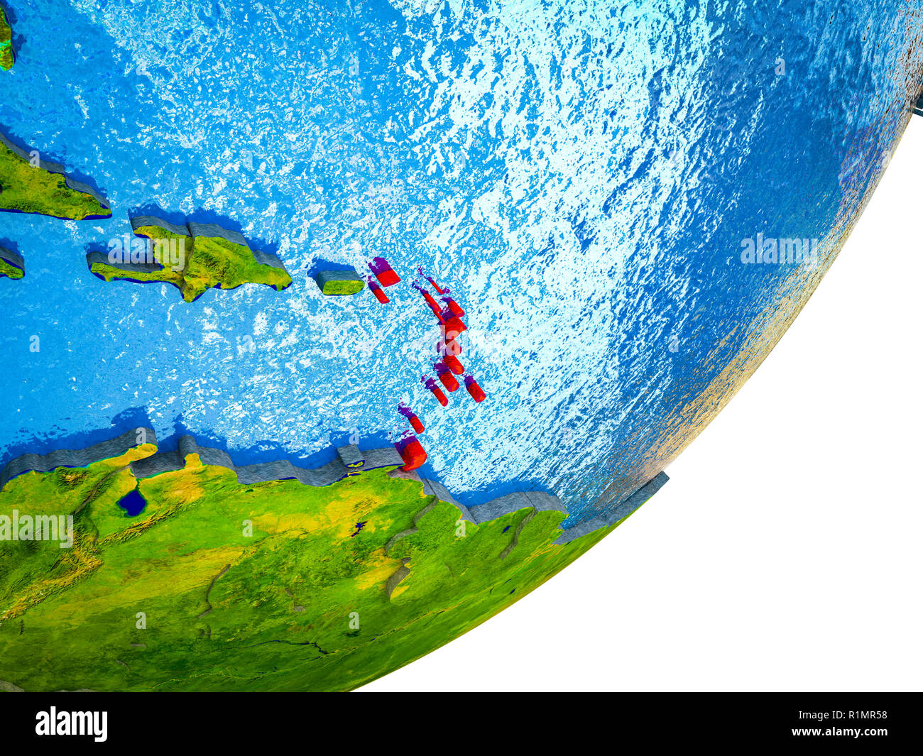 Caribbean on 3D model of Earth with water and divided countries. 3D ...
