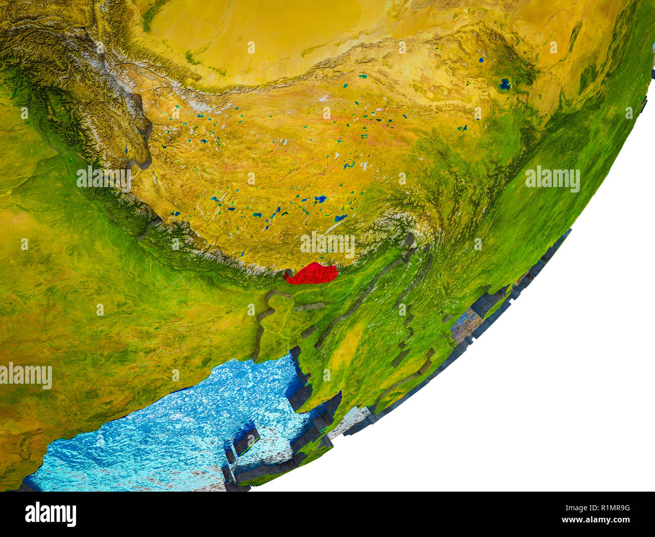 Bhutan on 3D model of Earth with water and divided countries. 3D ...
