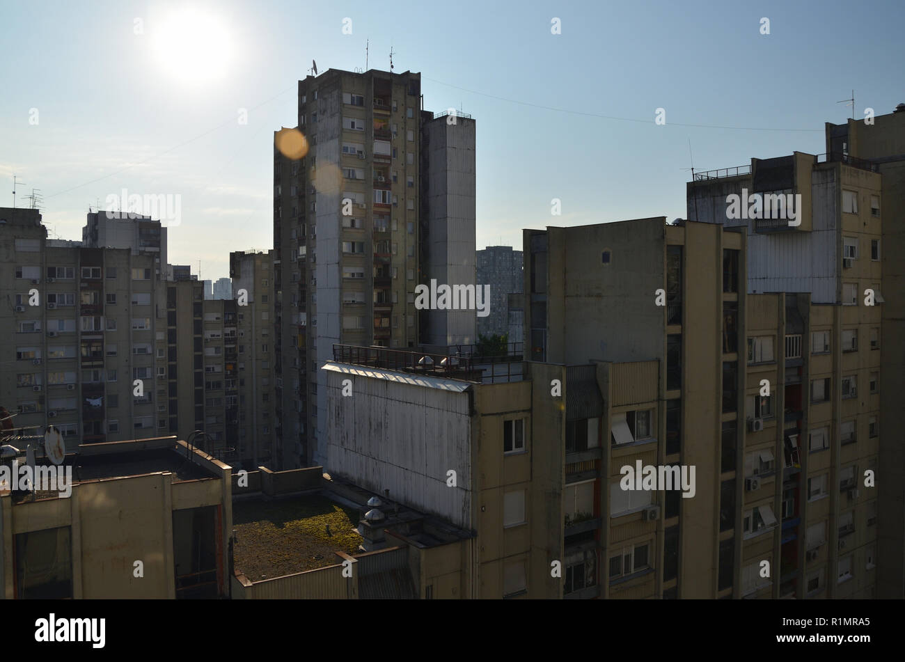 Sunrise over residential buildings in an urban city area Stock Photo ...