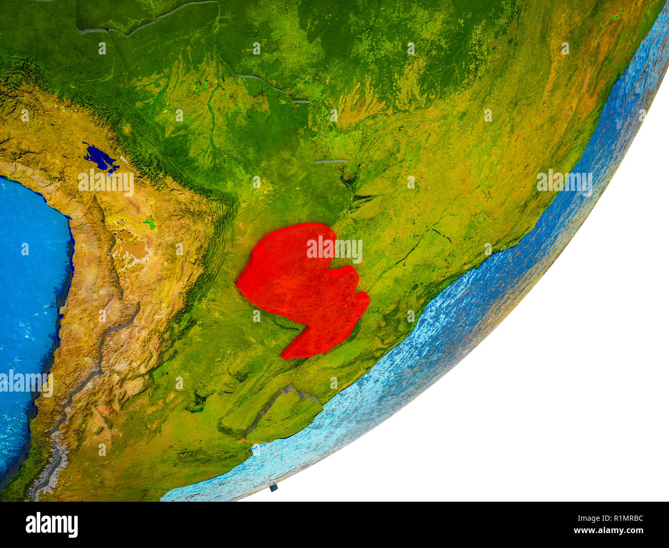 Paraguay on 3D model of Earth with water and divided countries. 3D ...