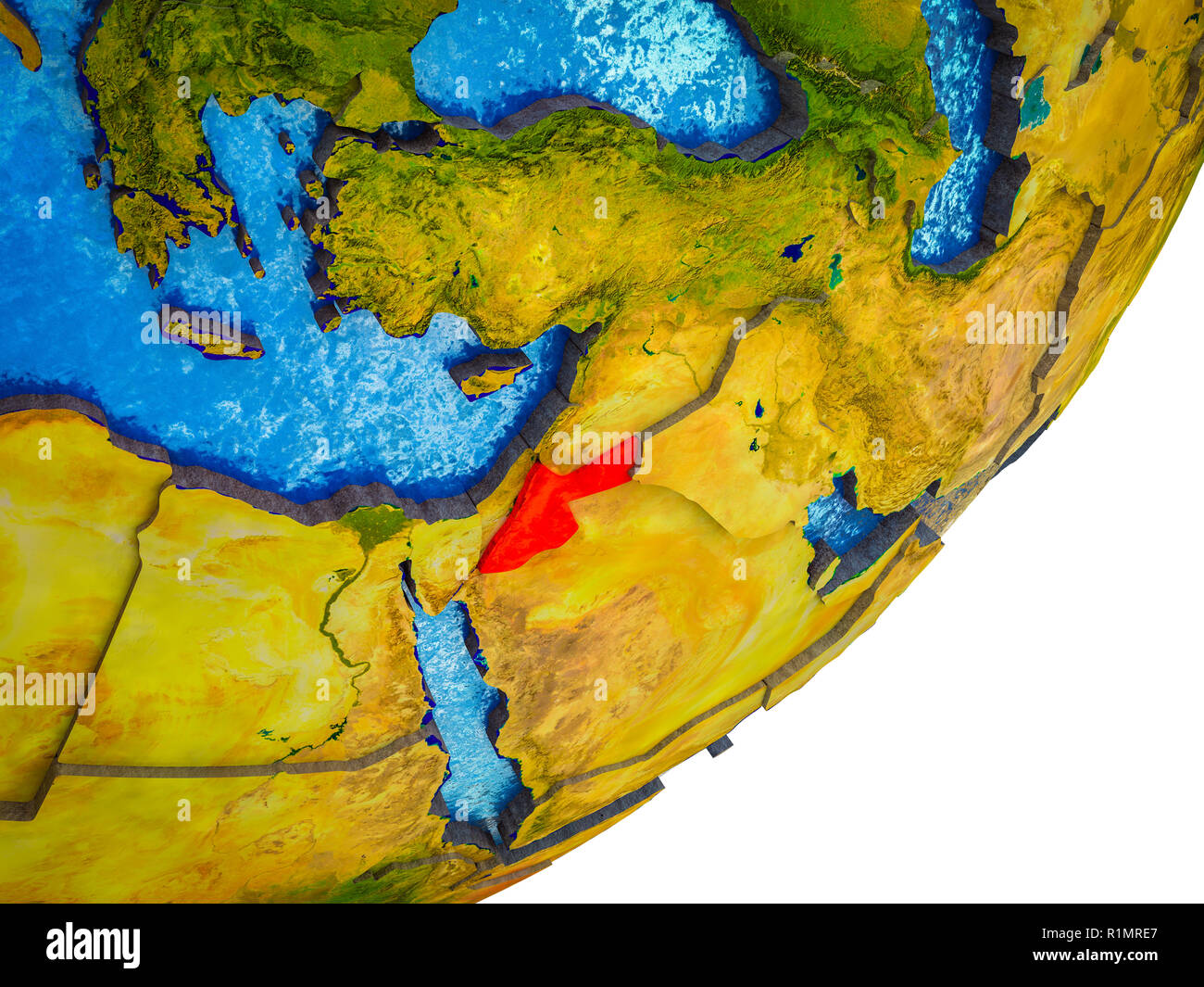 Jordan on 3D model of Earth with water and divided countries. 3D ...