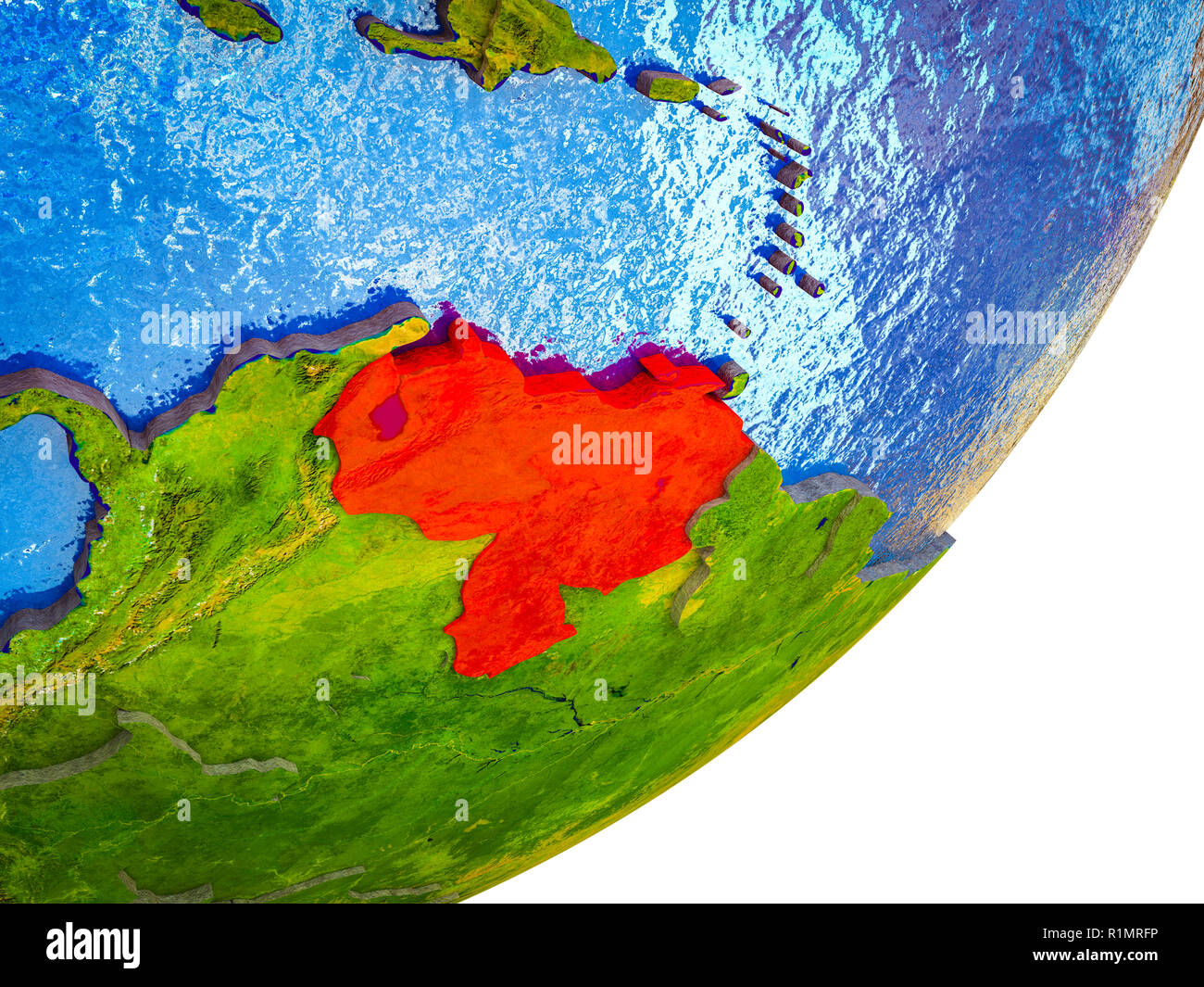 Venezuela on 3D model of Earth with water and divided countries. 3D ...