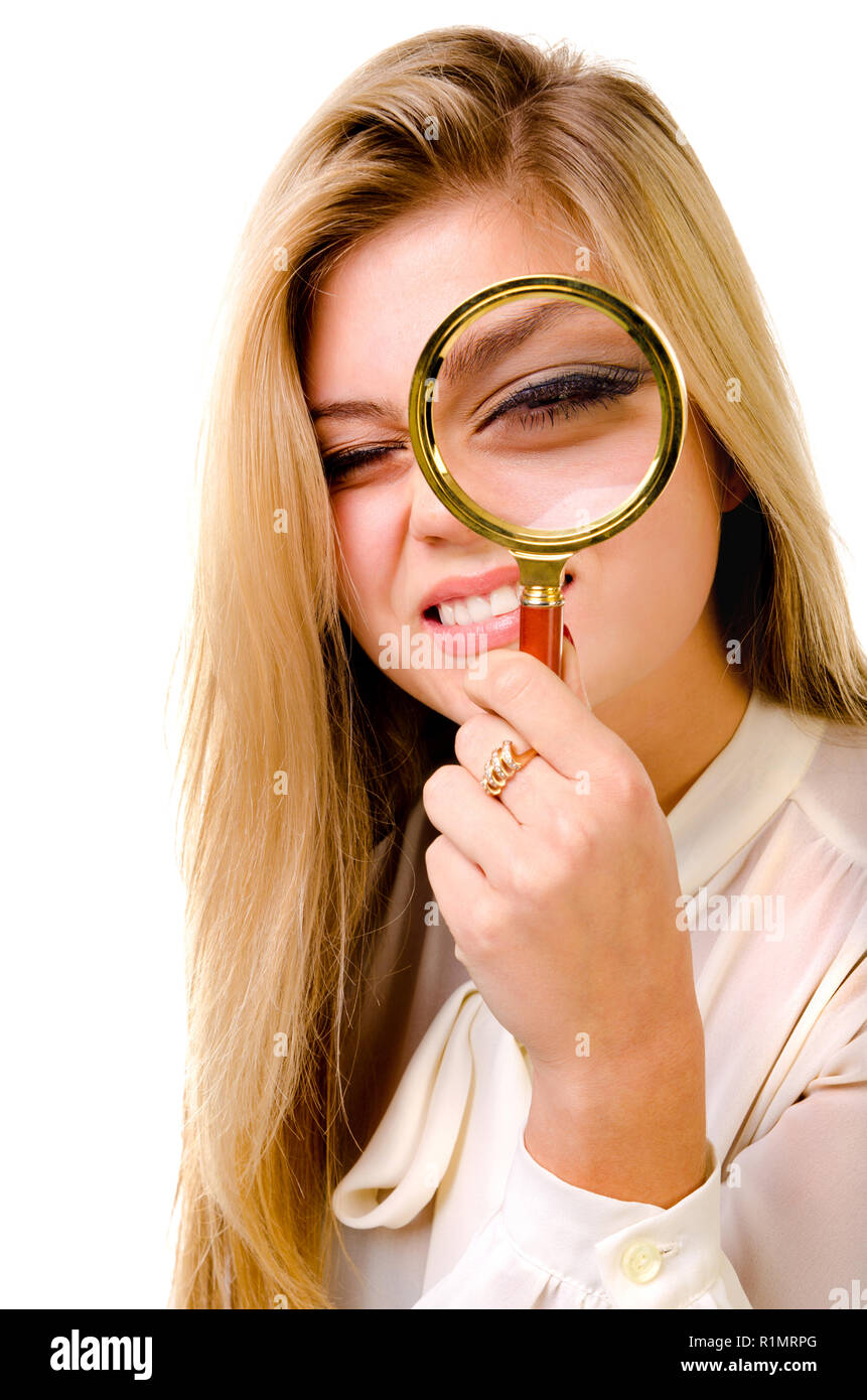 woman with magnifying glass isolated on a white background Stock Photo ...