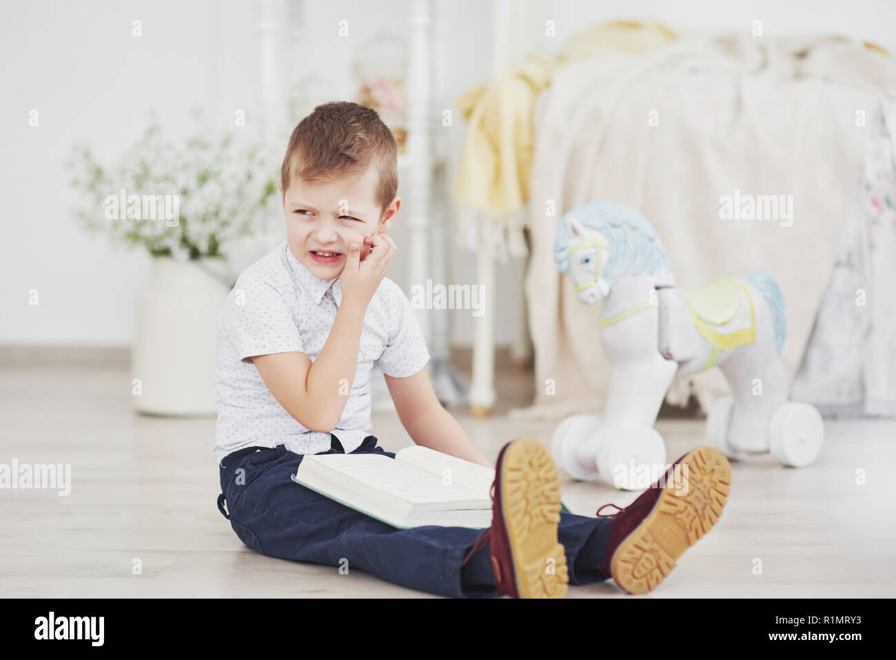 Boy reading a book. Education, Knowledge, getting ready for school ...