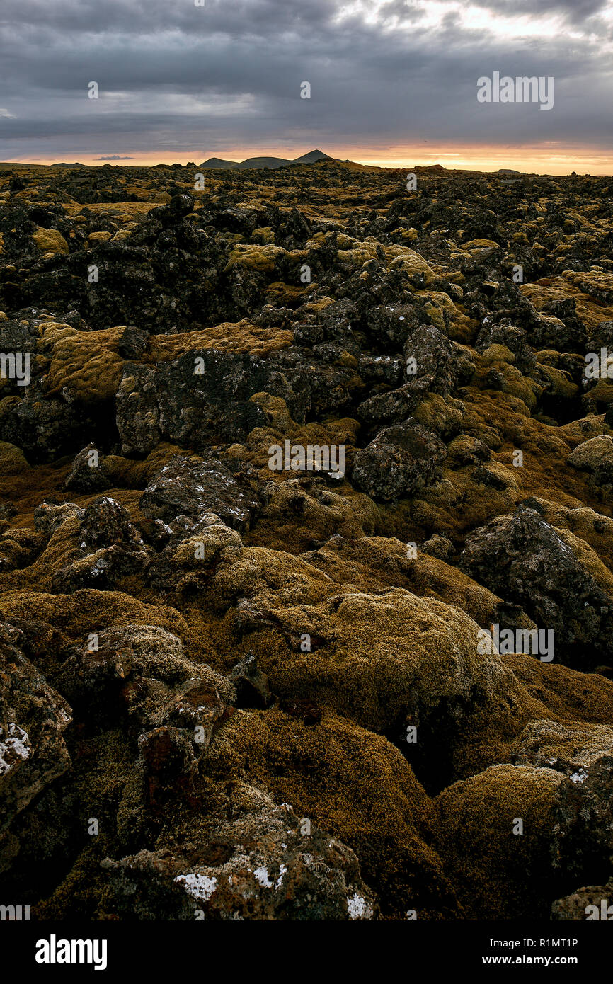 The empty rock strewn volcanic landscape of the Reykjanes Peninsula a ...