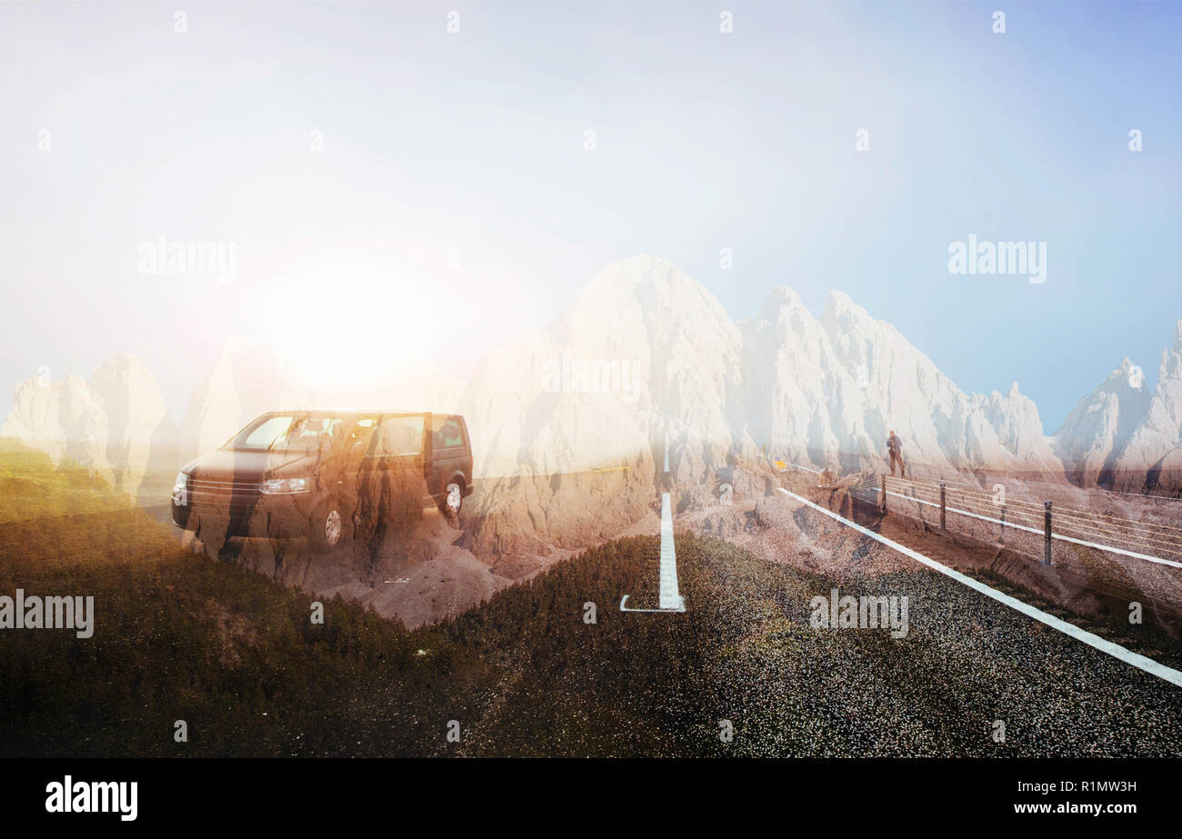 Road in mountains. Thick fog at sunset. Double exposure. Shooting ...