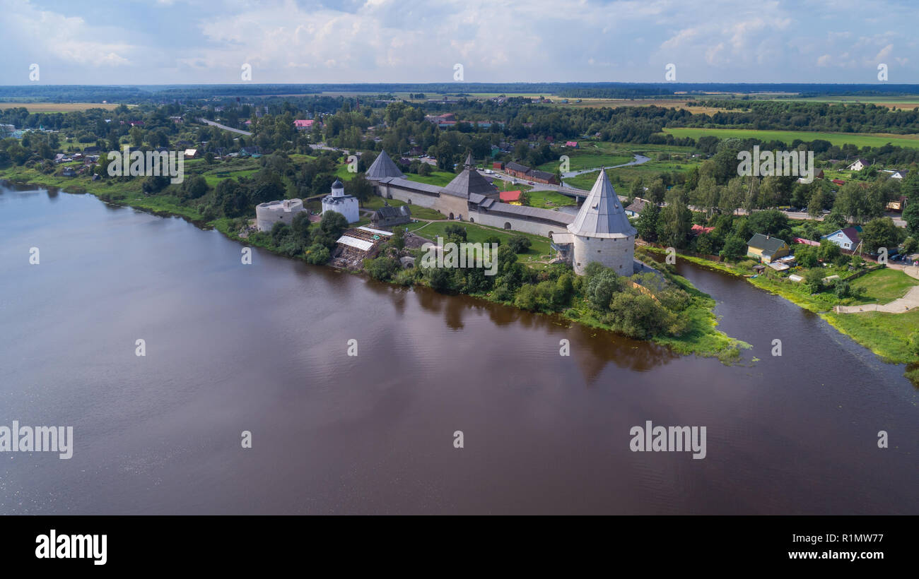 Aerial view on the Staraya Ladoga fortress and the Volkhov River ...