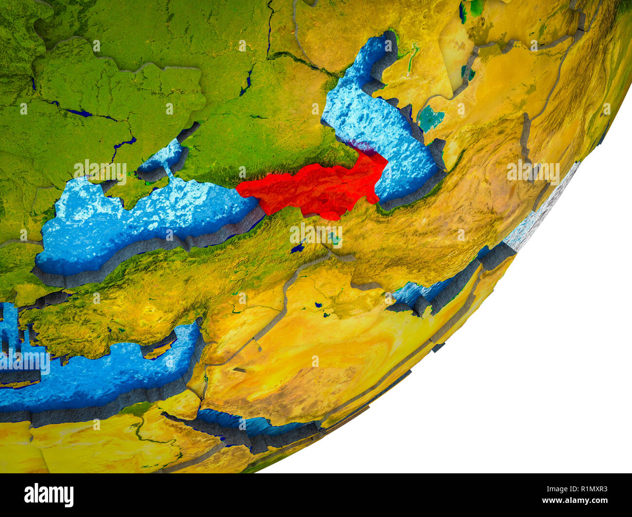 Caucasus region on 3D model of Earth with water and divided countries ...