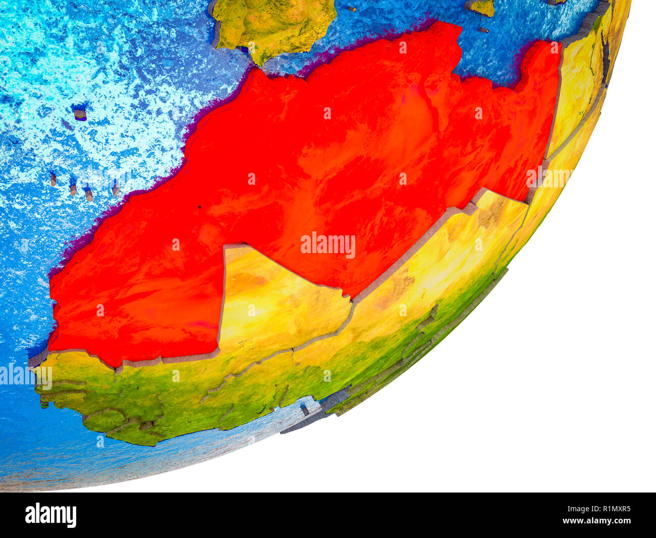 Maghreb region on 3D model of Earth with water and divided countries ...
