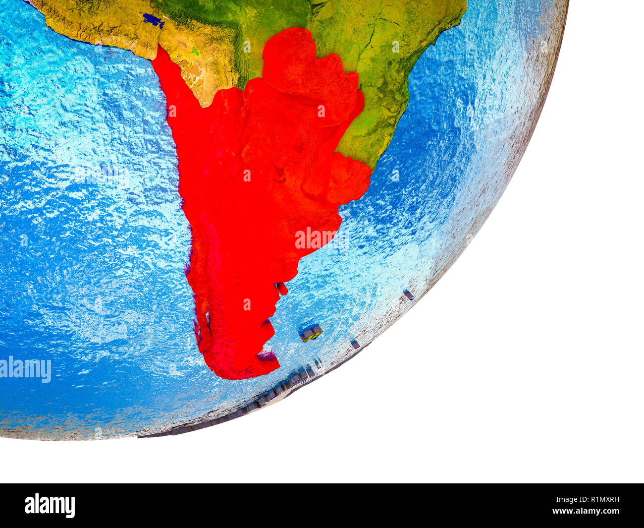 Southern Cone on 3D model of Earth with water and divided countries. 3D ...