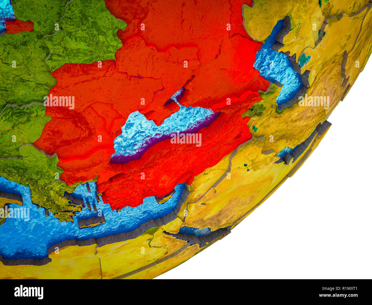 Black Sea Region on 3D model of Earth with water and divided countries ...