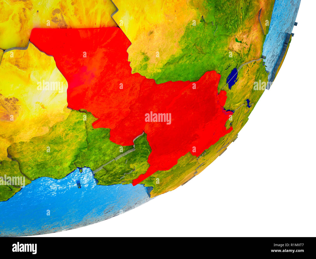 Central Africa on 3D model of Earth with water and divided countries ...
