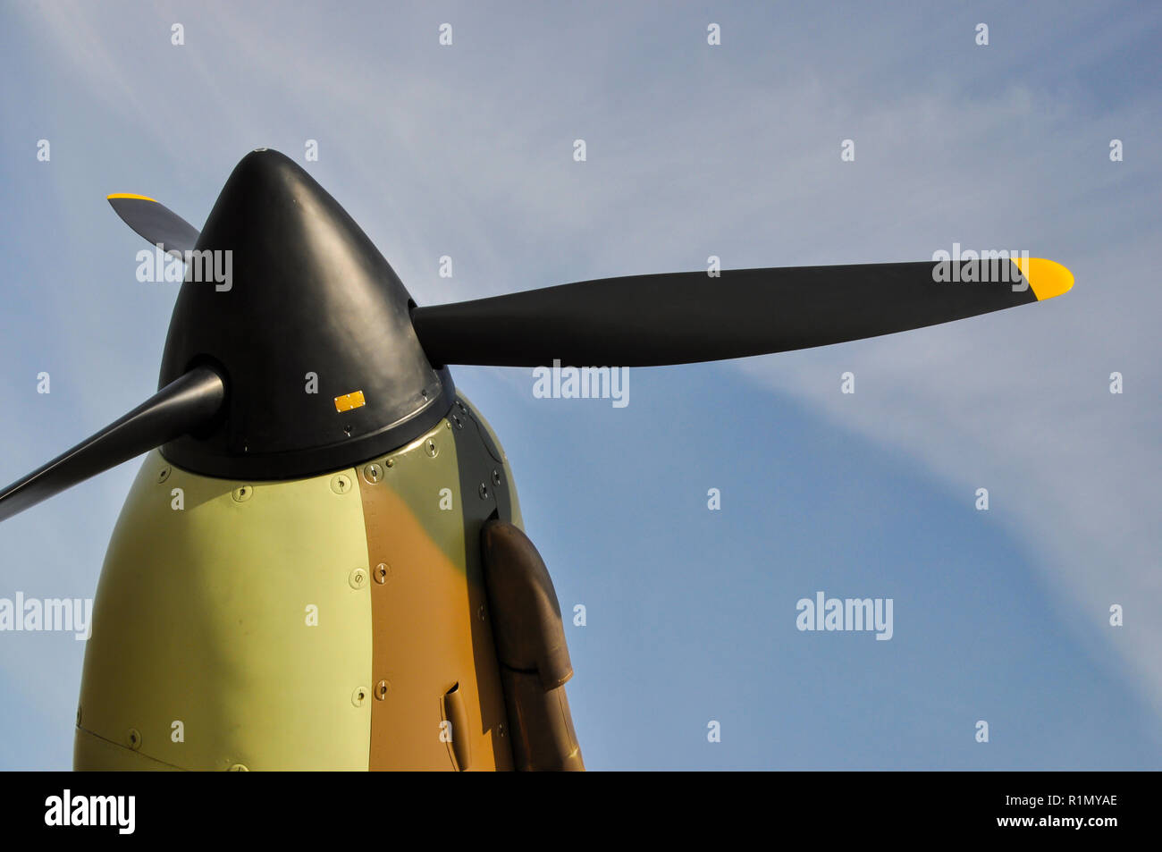 Hawker Hurricane front end propeller and nose cone spinner in blue sky ...
