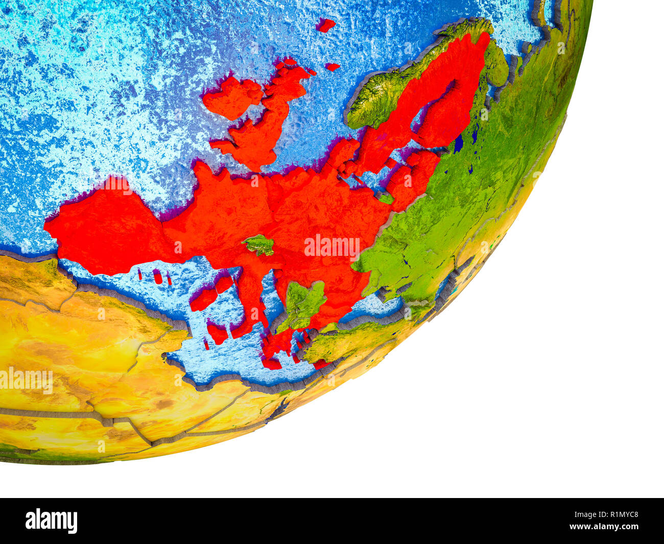 European Union on 3D model of Earth with water and divided countries ...