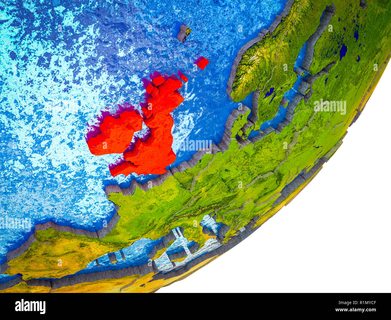 British Isles on 3D model of Earth with water and divided countries. 3D ...