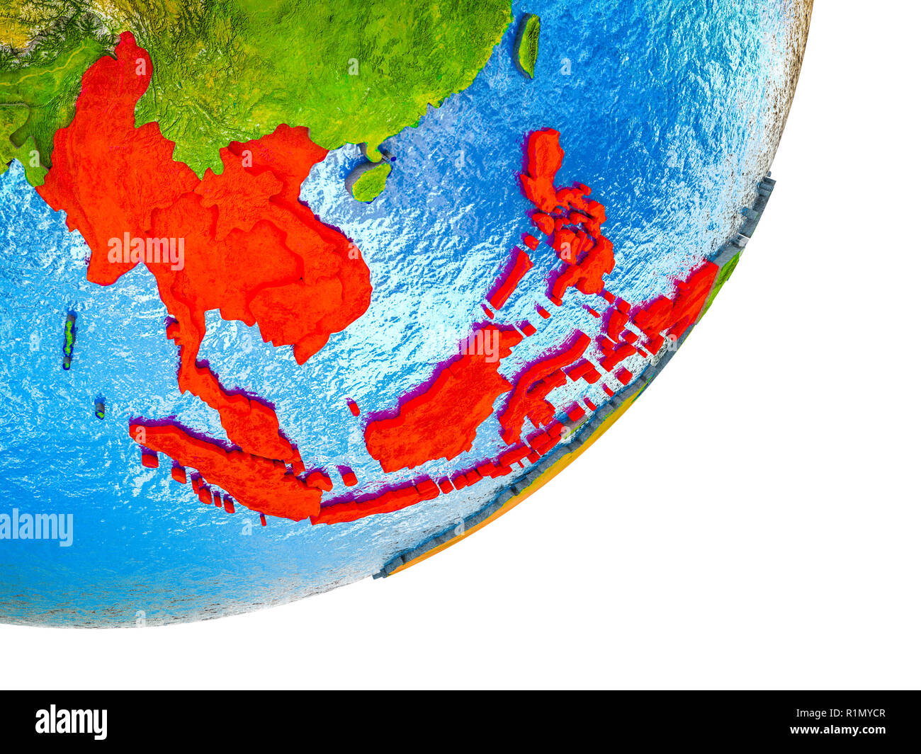 ASEAN memeber states on 3D model of Earth with water and divided ...