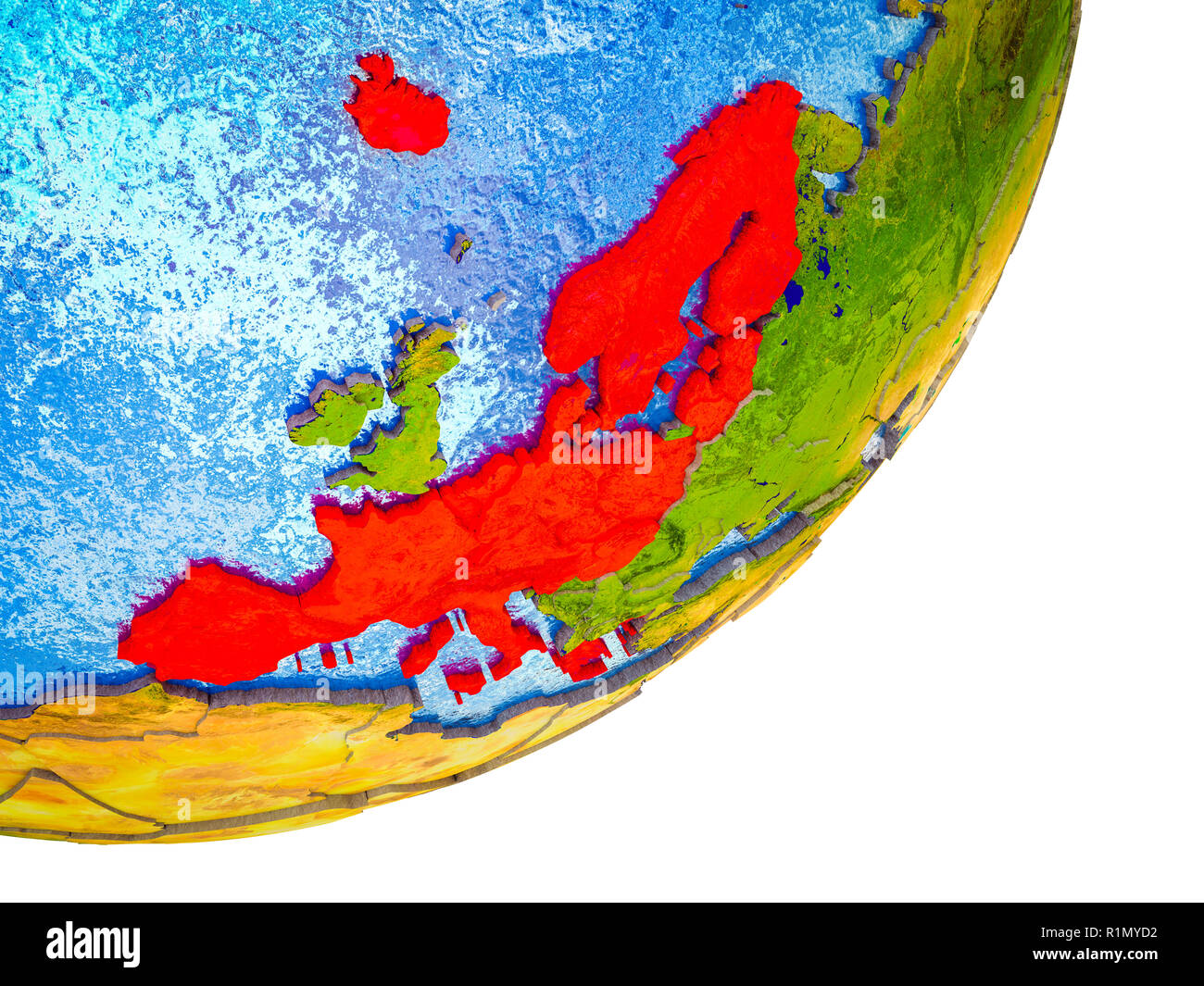 Schengen Area members on 3D model of Earth with water and divided ...