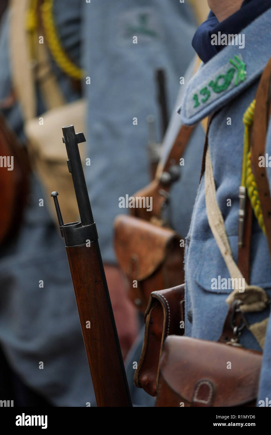 Extras wearing old french military uniforms attend the Commemoration ...