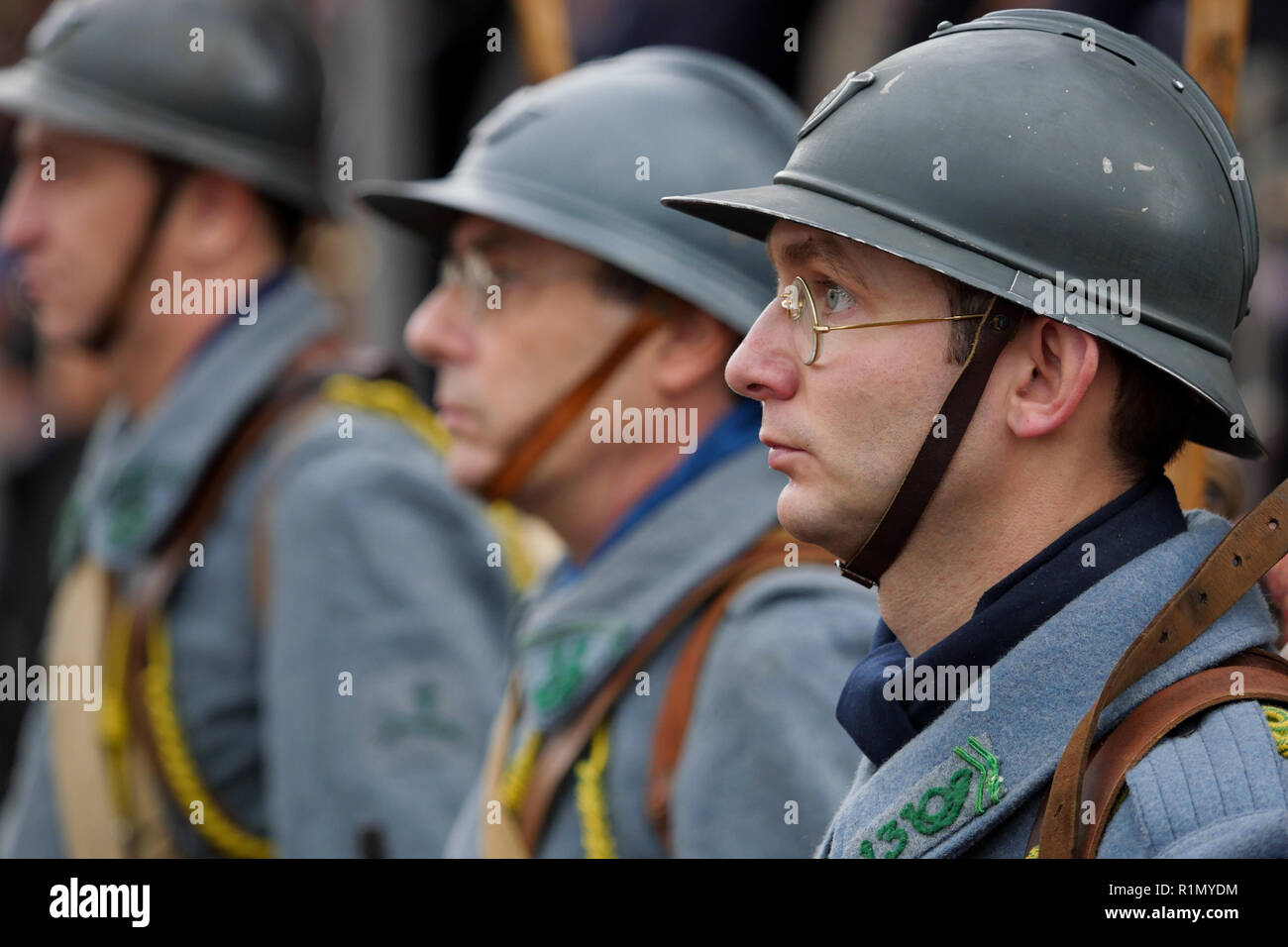 Extras wearing old french military uniforms attend the Commemoration ...
