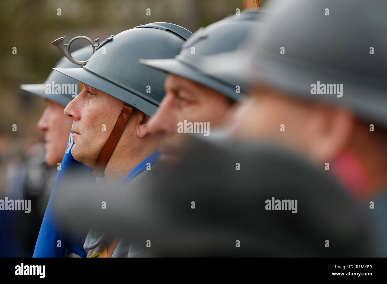 Extras wearing old french military uniforms attend the Commemoration ...