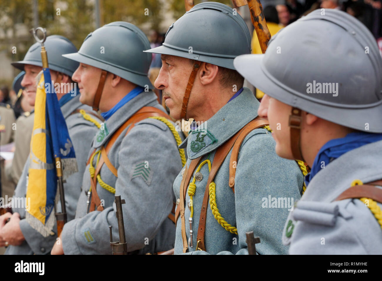 Extras wearing old french military uniforms attend the Commemoration ...