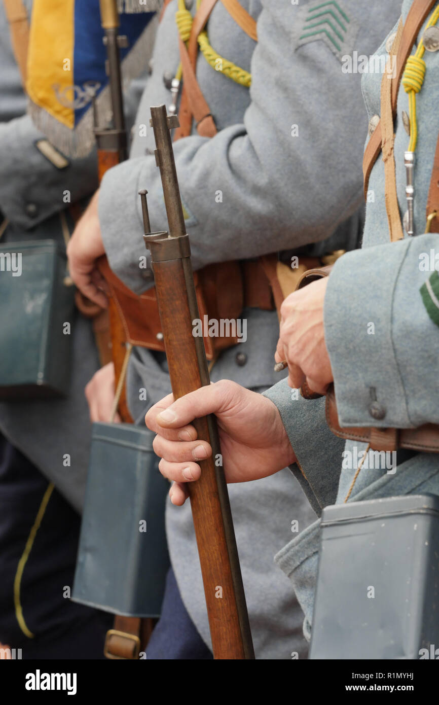 Extras wearing old french military uniforms attend the Commemoration ...