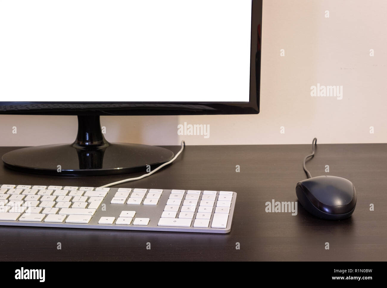 Office Computer On Wooden Black Desk Mockup Lcd Screen Keyboard