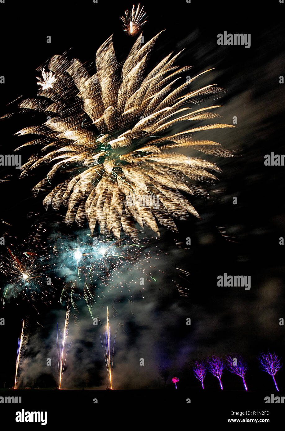 Spectacular and colourful firework display set against a dark Autumn ...