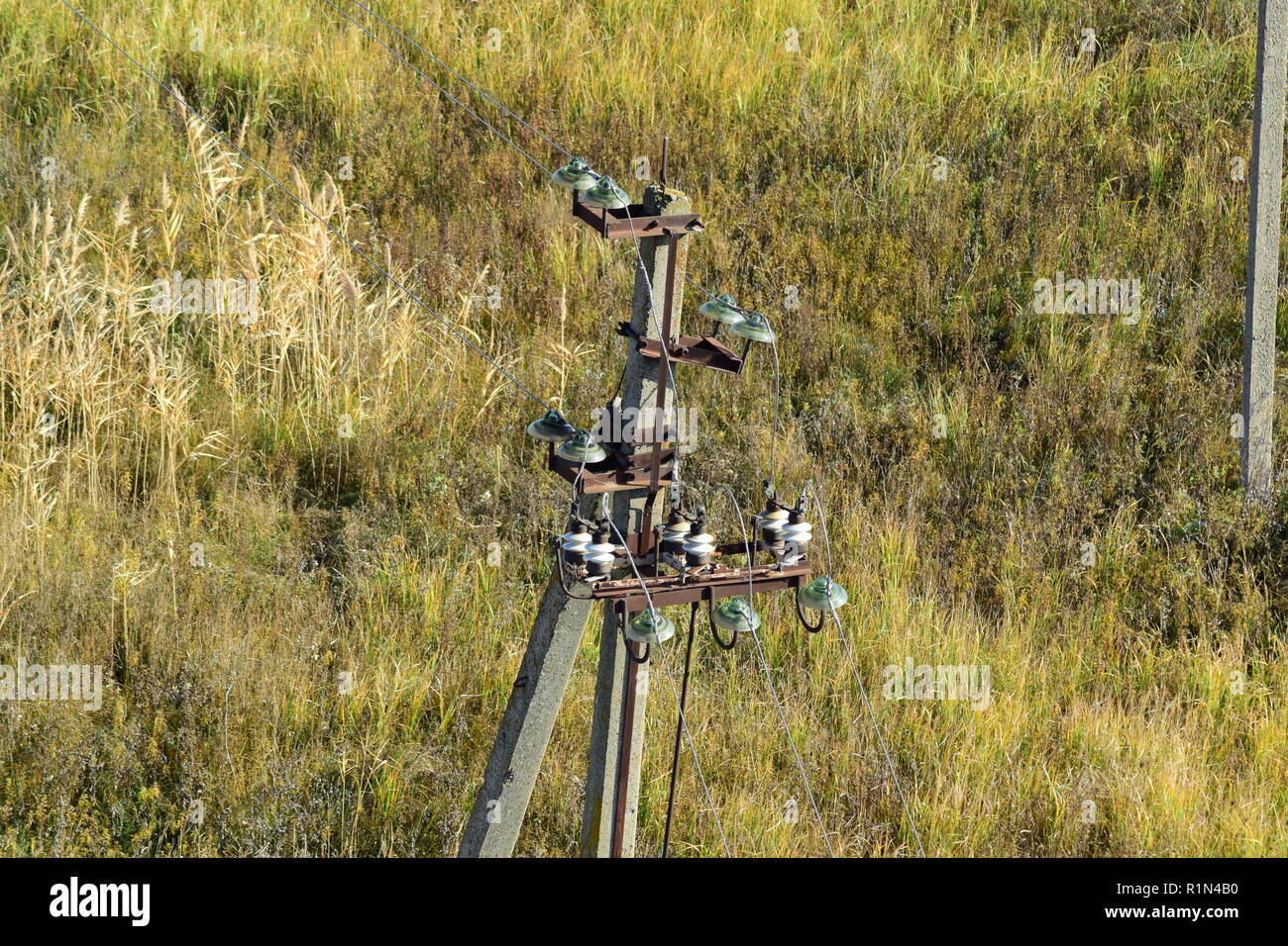 Power line post. Electrical insulating on a pole with wires Stock Photo ...