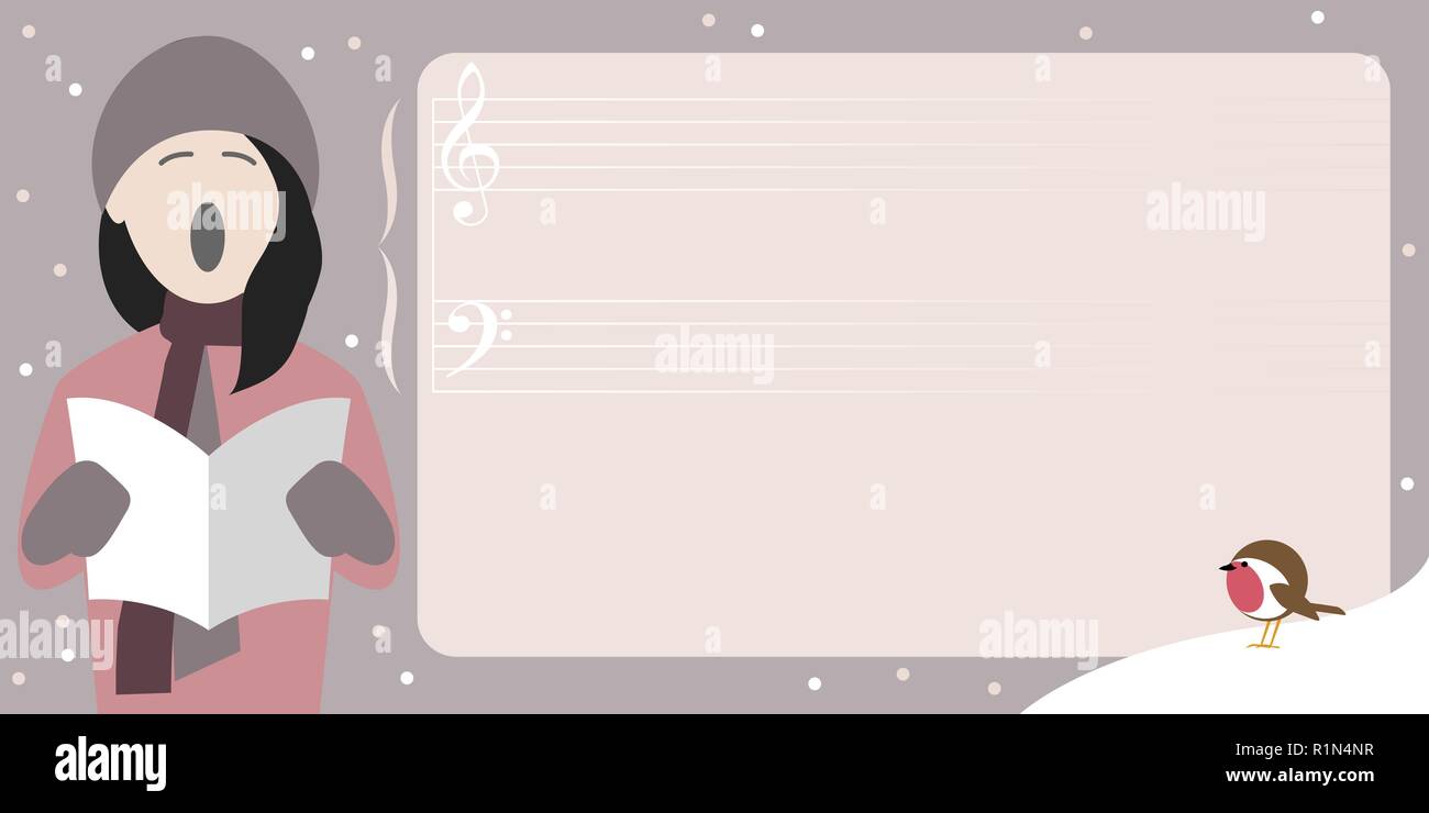 Christmas poster template with young girl singing a Christmas carol and ...