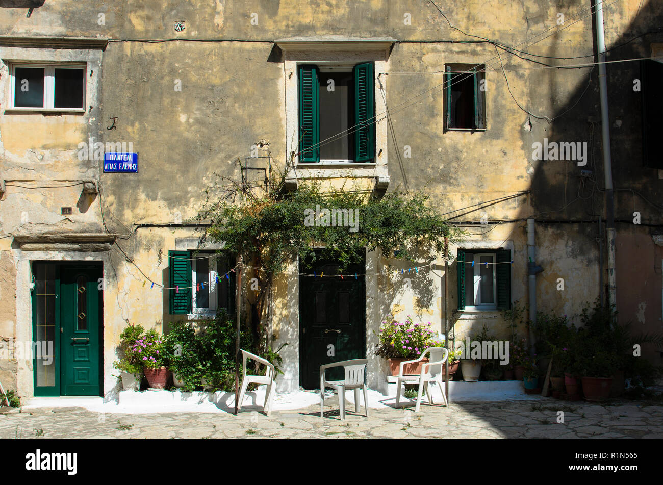 View of a square in the historical center of the city of Corfu in ...