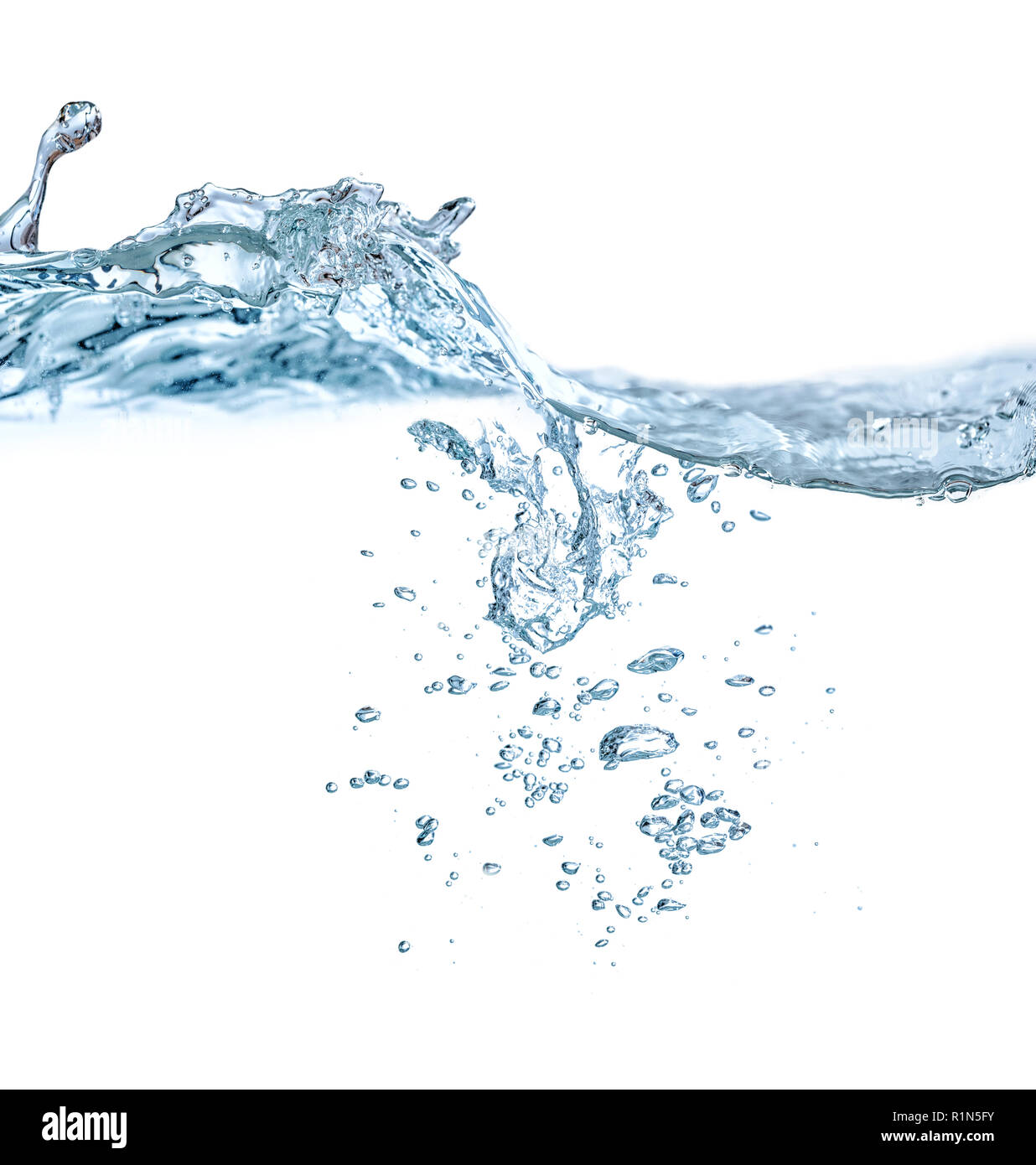 Blue water splashes and bubbles isolated on white background Stock ...