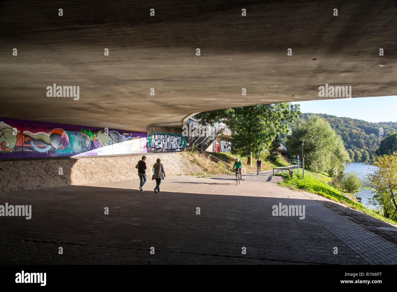 Ruhrtalradweg, Ruhr, cycle and pedestrian path, under the Ruhr bridge ...
