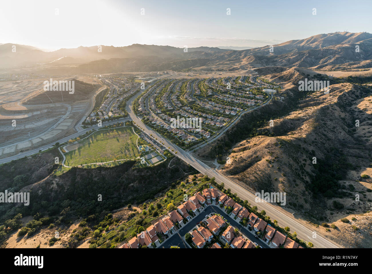 Aerial view of homes, parks and streets in the Porter Ranch area of Los ...