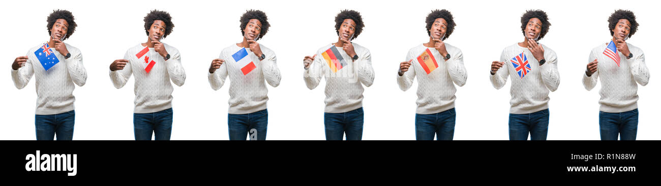 Collage of african american young man holding flags of countries over ...