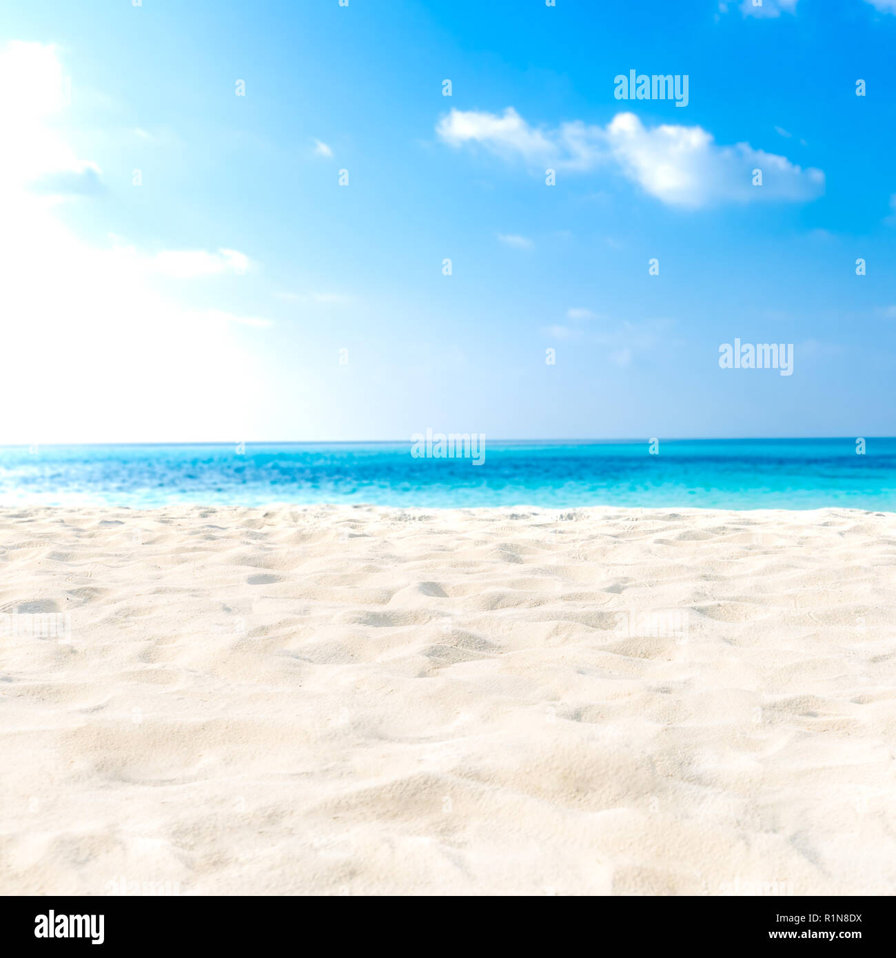 Sea view from tropical beach with sunny sky. Empty tropical beach ...