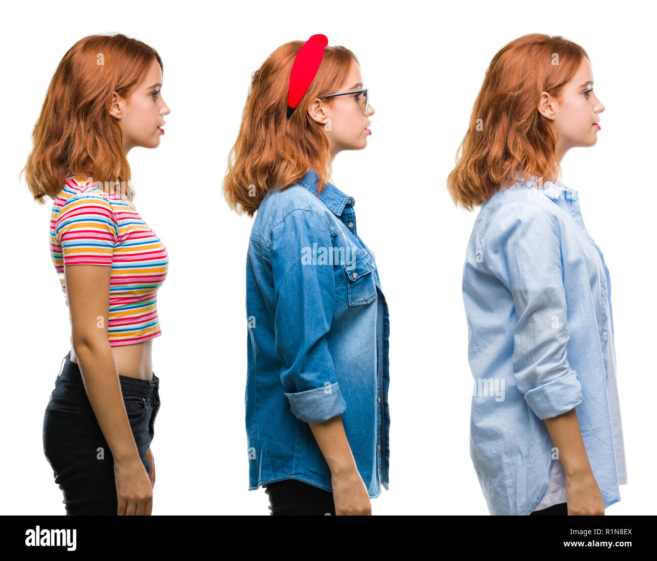 Collage of young beautiful redhead woman over isolated background ...