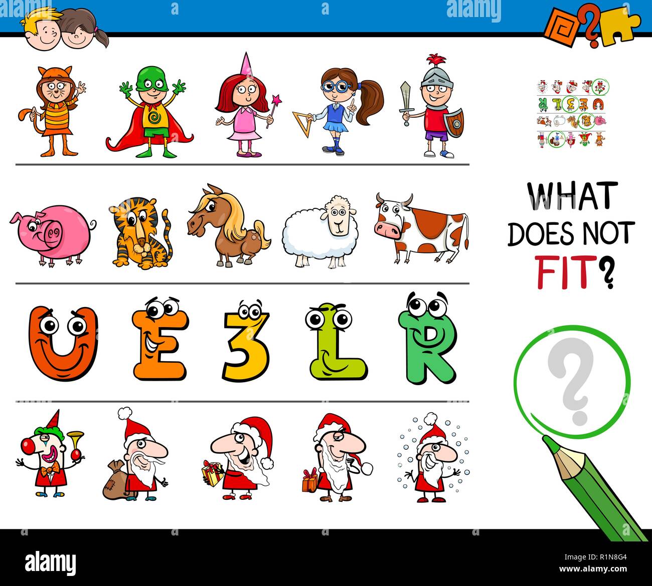 Cartoon Illustration of Finding Picture that does not Fit in a Row ...