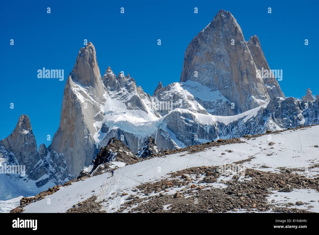 The summit of Fitz Roy stands out in an incredibly clear sky Stock ...