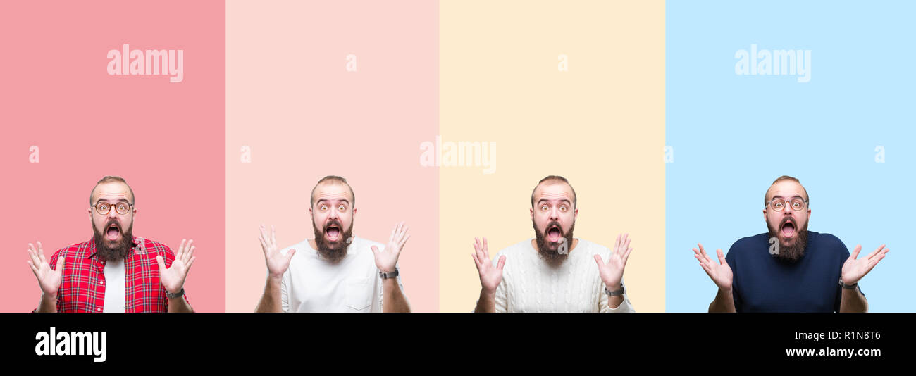Collage of young man with beard over colorful stripes isolated ...