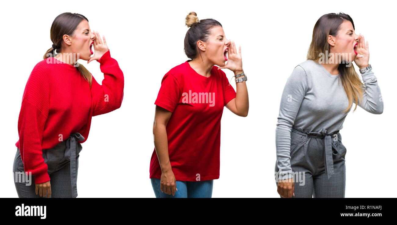 Collage of young beautiful woman over isolated background shouting and ...