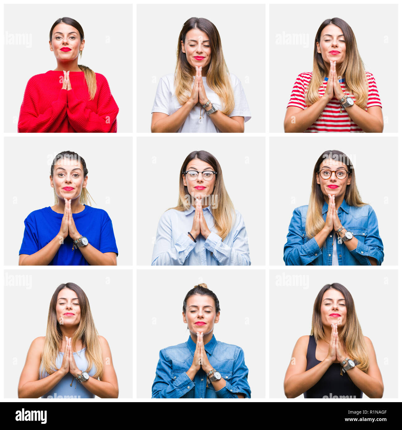 Collage of young beautiful woman over isolated background praying with ...