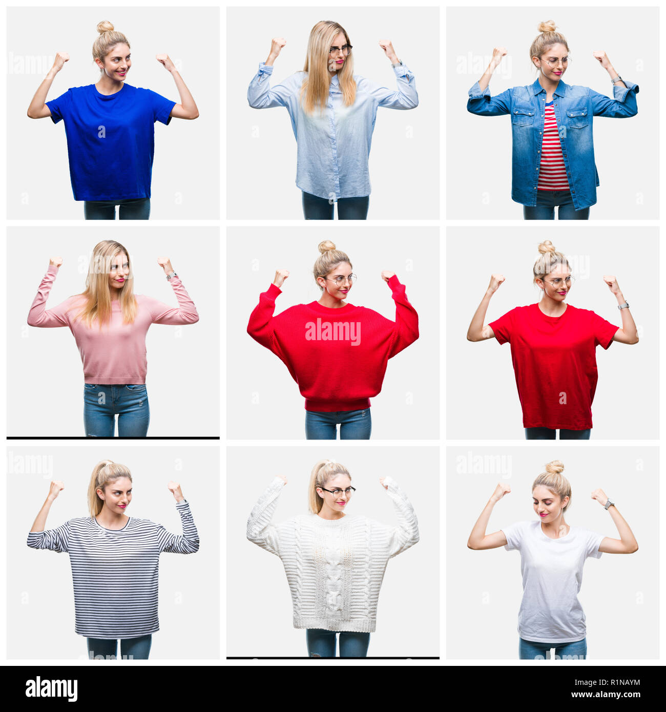 Collage of young beautiful blonde woman over white isolated background ...