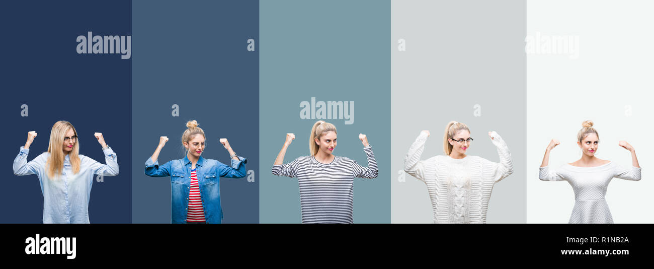 Collage of young beautiful blonde woman over vivid colorful vintage ...