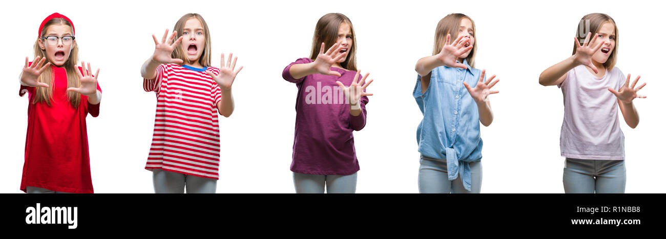 Collage of young beautiful little girl kid over isolated background ...
