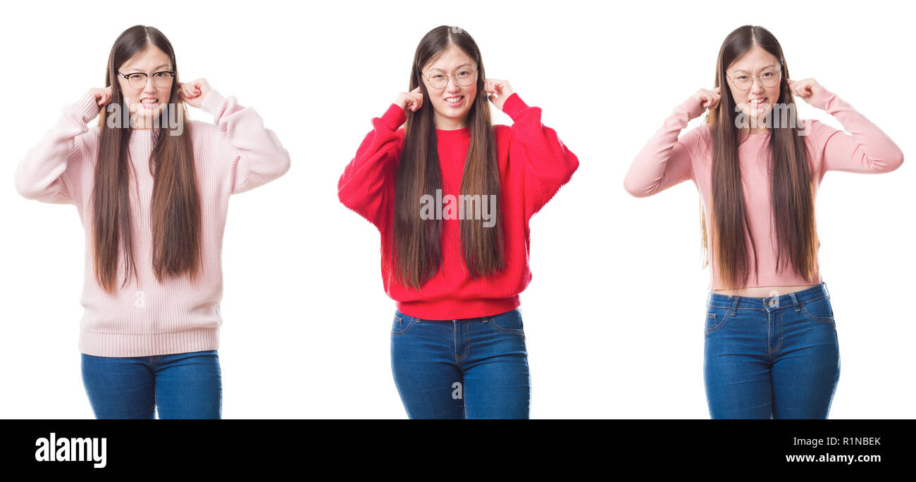 Collage of young beautiful Chinese woman over isolated background ...